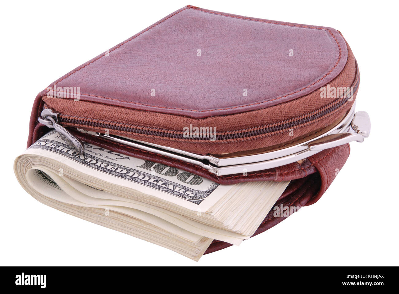 Conceptual image with stuffed leather wallet isolated on a white ...
