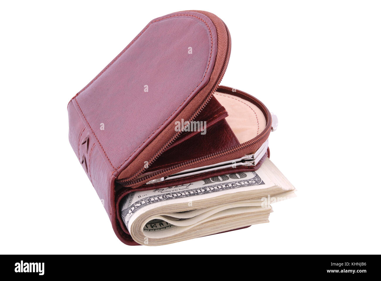Conceptual image with stuffed leather wallet isolated on a white ...