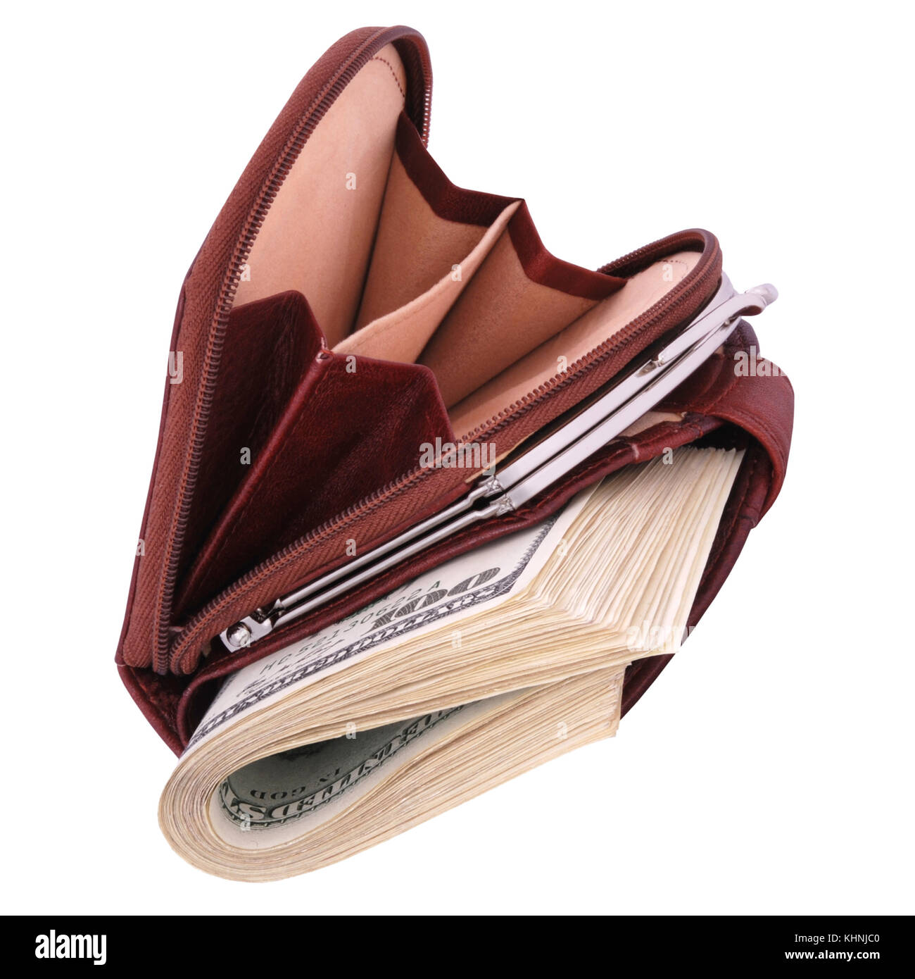 Conceptual image with stuffed leather wallet isolated on a white ...