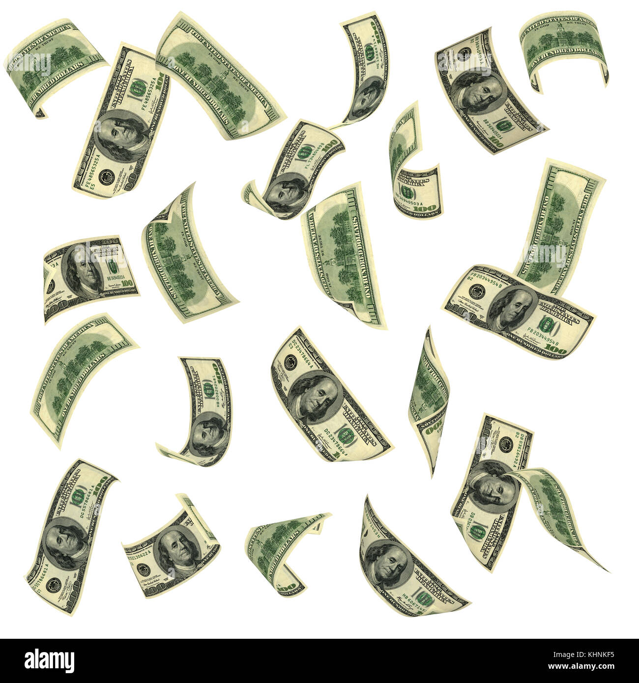100 dollar bills, flying on white background. The image of very big ...