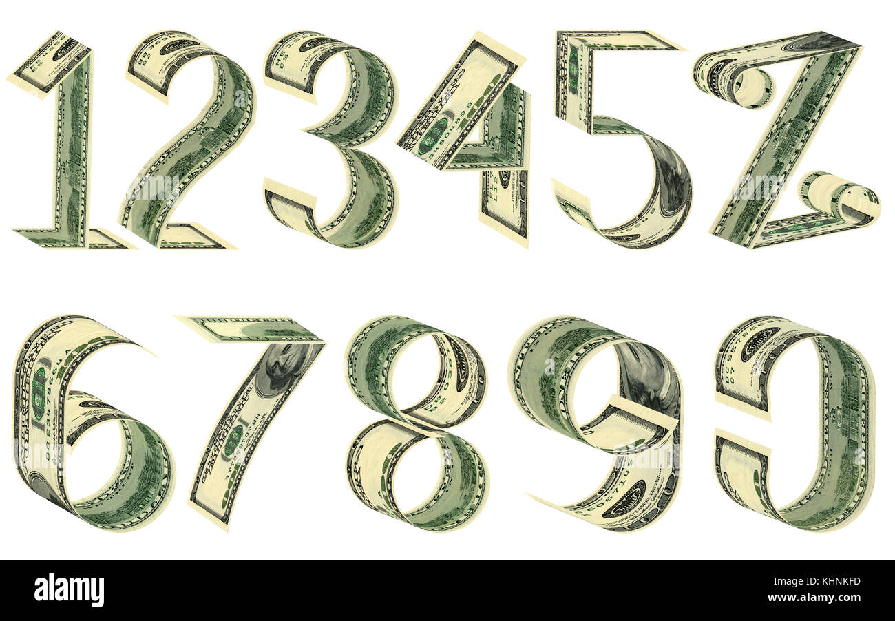 Numbers and percent from dollars. All banknotes different. Isolated on ...