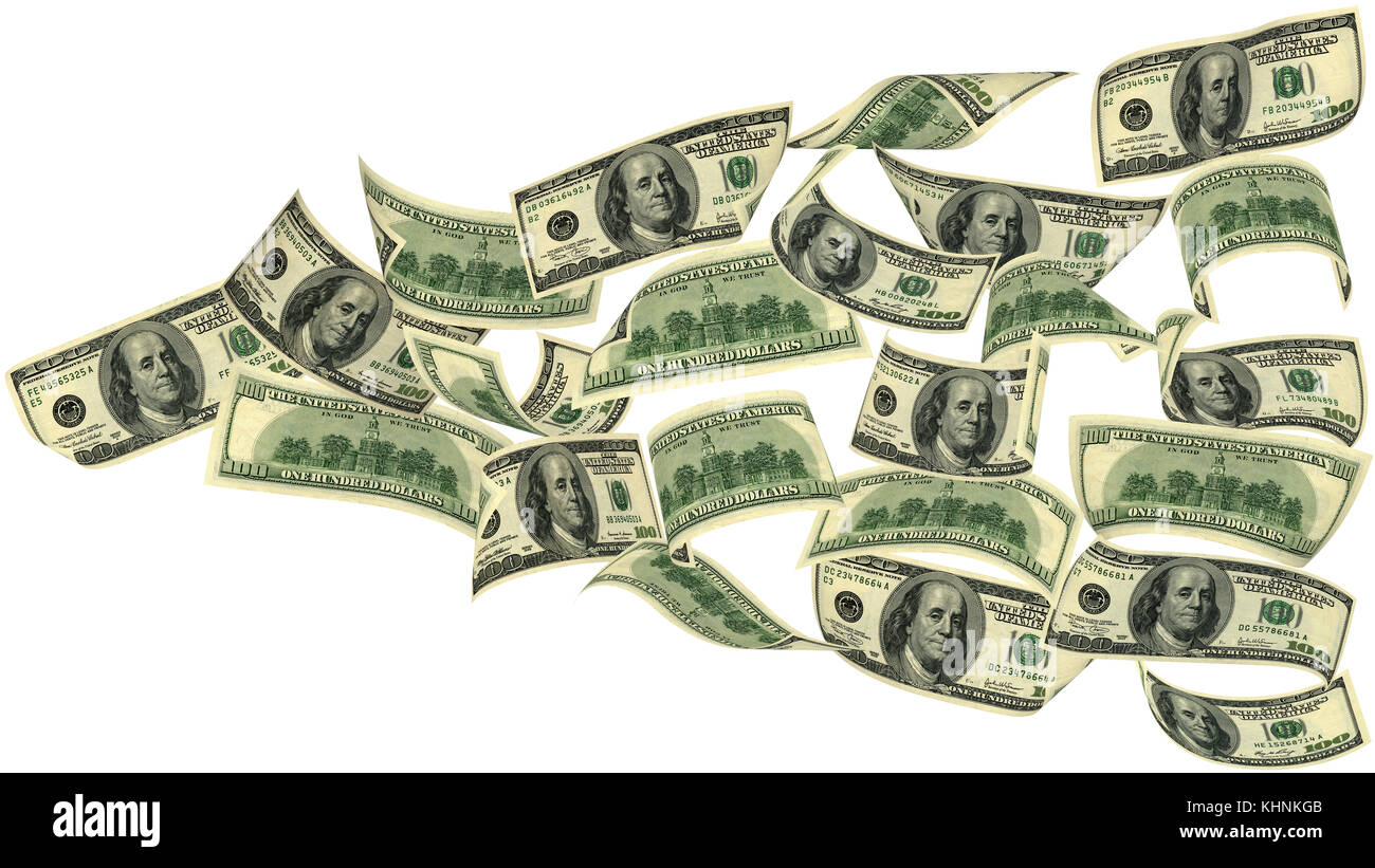 100 dollar bills, flying on white background. The image of very big ...