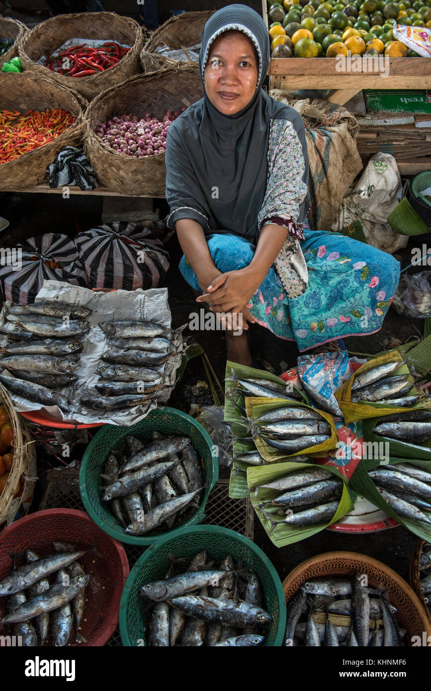 Woman seller in fish market, Lombok, Lesser Sunda Islands, Indonesia ...
