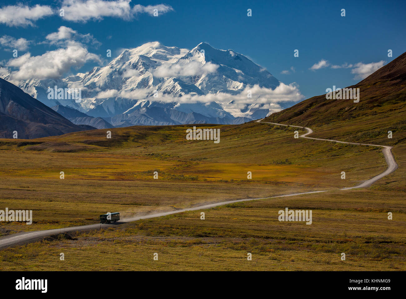 Bus on park road and Mount Denali, Denali National Park, Alaska Stock ...