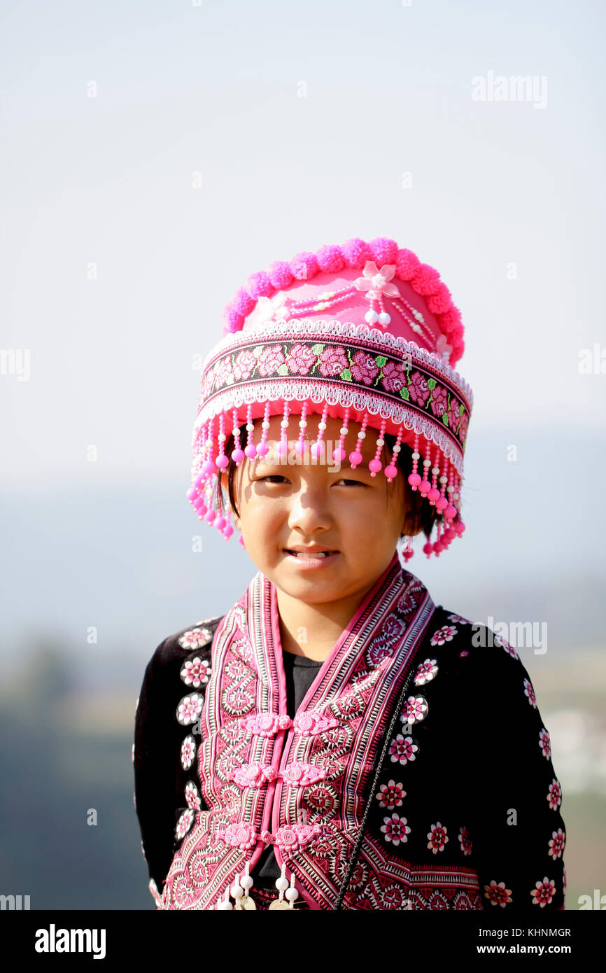 Unidentified traditionally dressed Hmong hill tribe young girl in ...