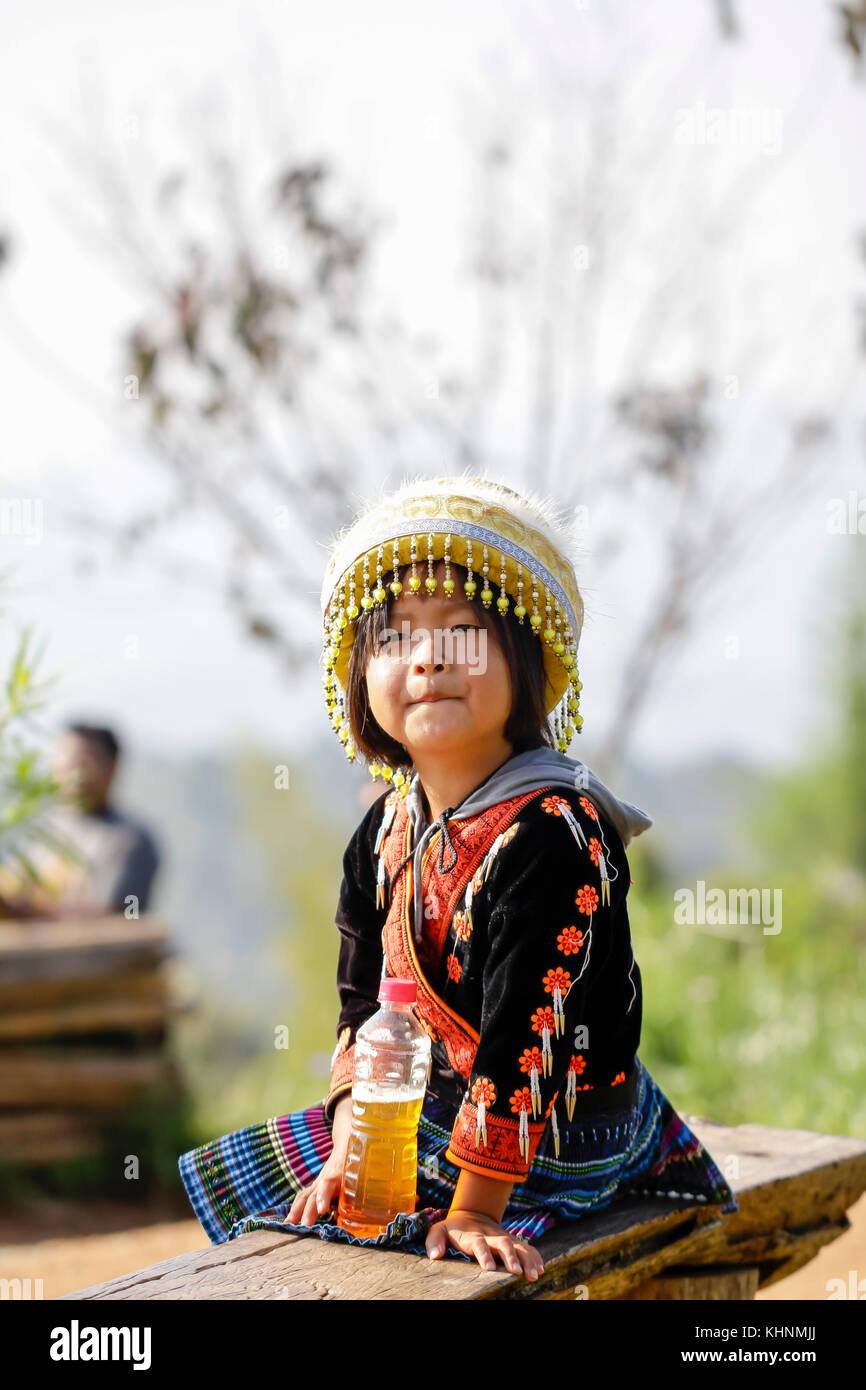 Unidentified traditionally dressed Hmong hill tribe young girl in ...