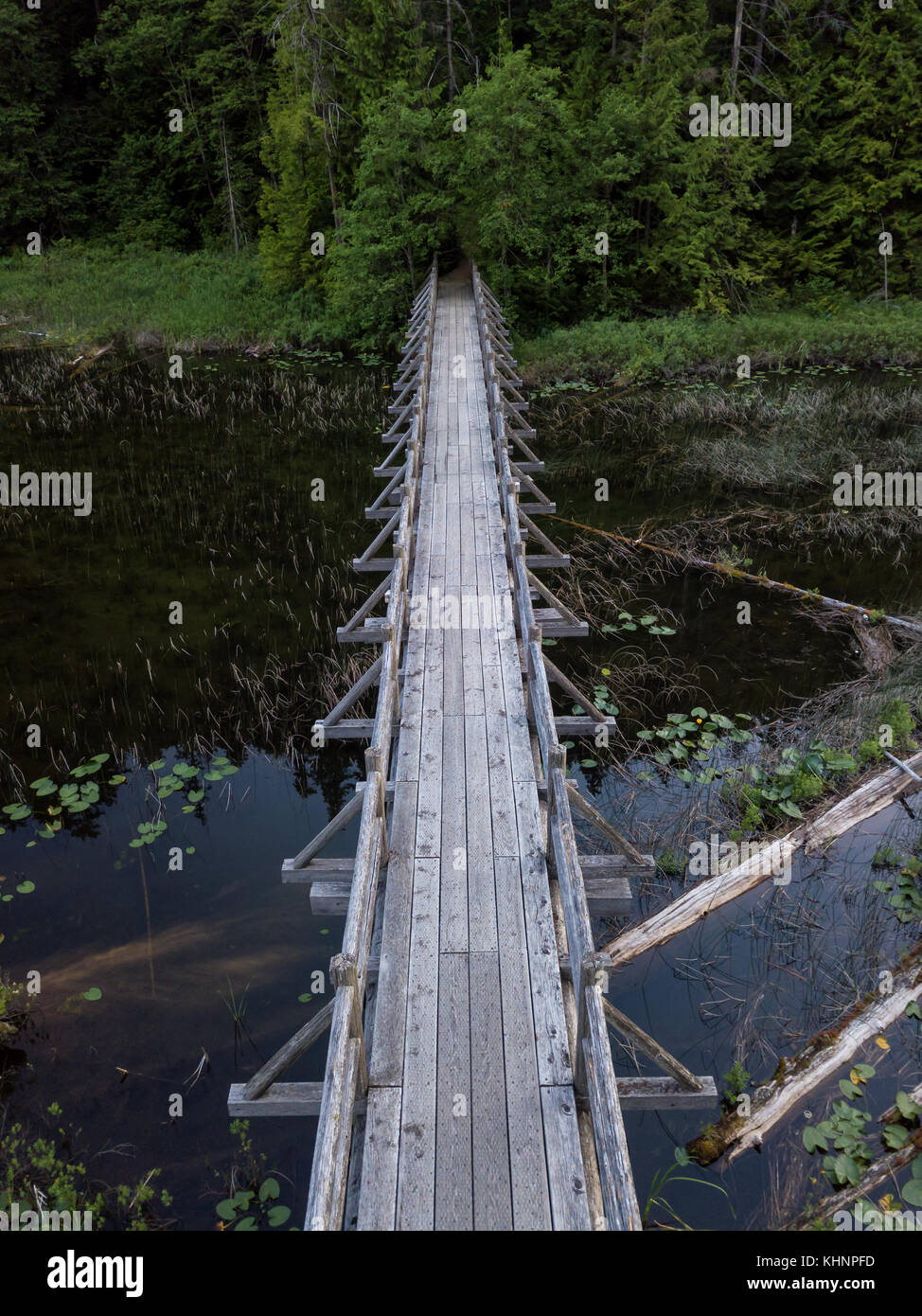 Aerial view of a wooden bridge in Brohm Lake during sunset. Taken ...