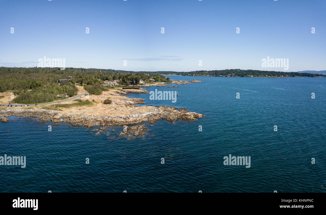 Aerial panoramic landscape view of a beautiful rocky shore on Pacific ...