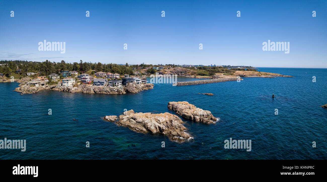 Aerial panoramic landscape view of a beautiful rocky shore on Pacific ...