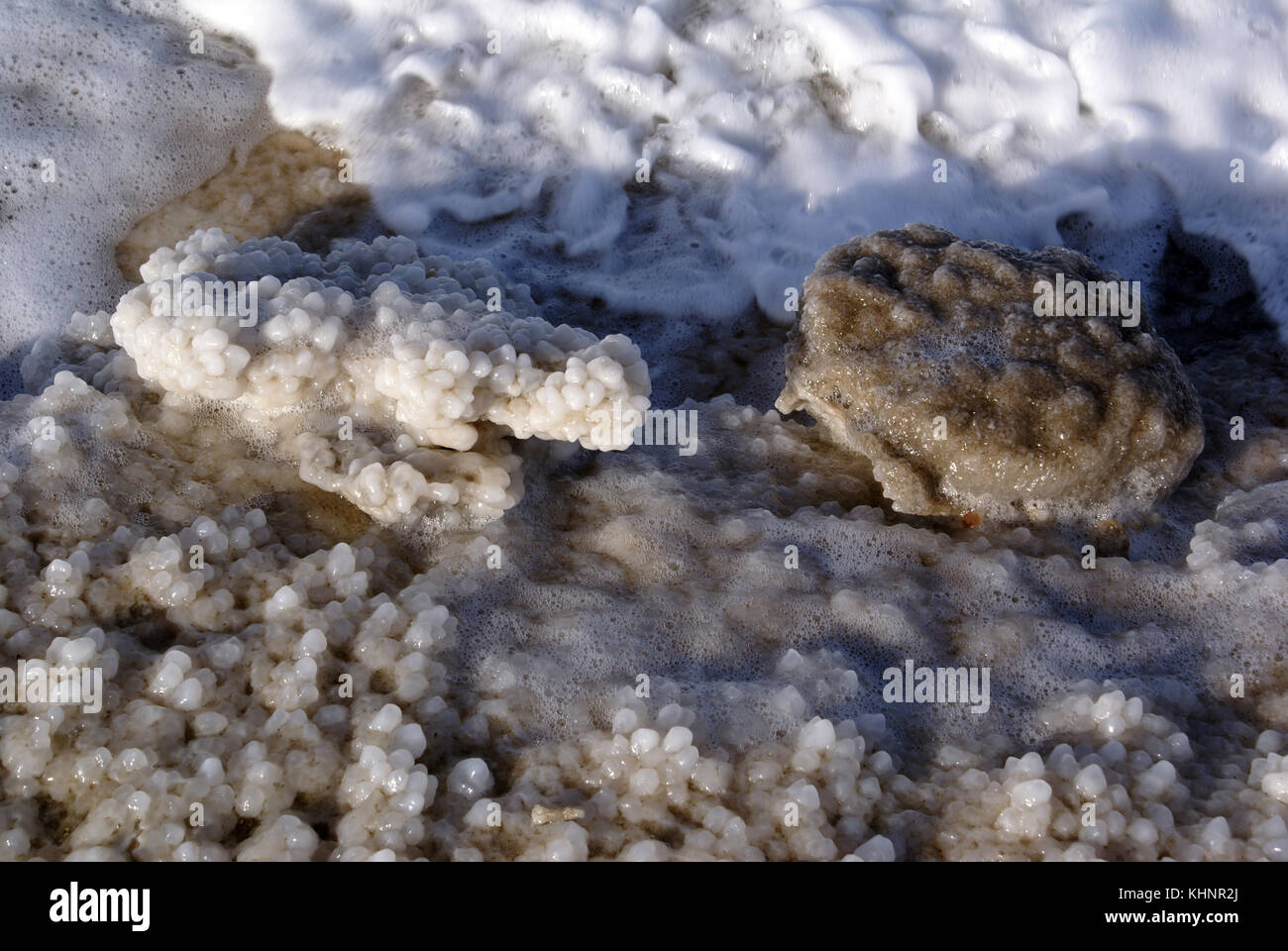Wave and salt formation on the coast of Dead sea, Jordan Stock Photo ...