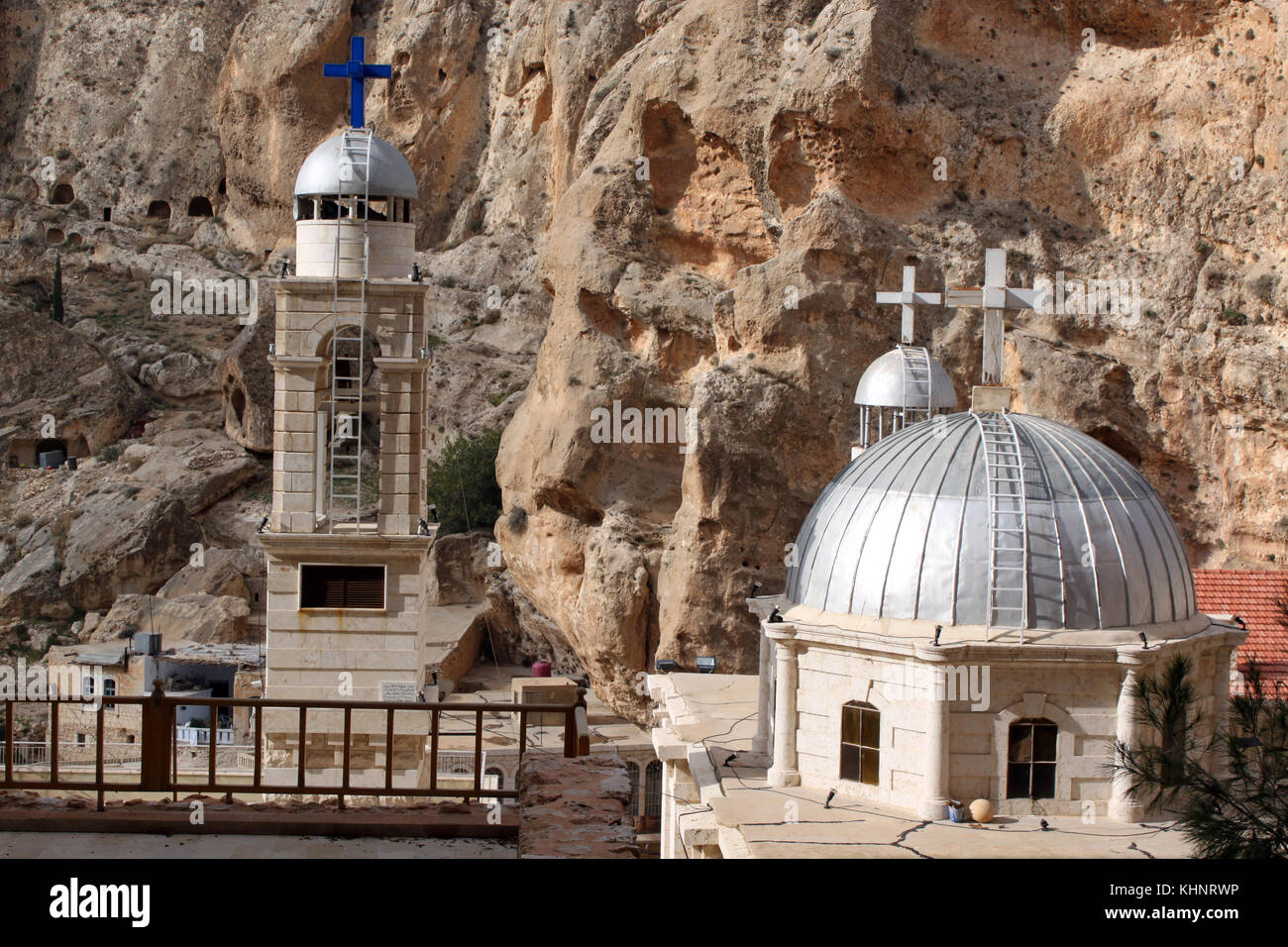 Towers inside convent Takla in Maalula near Damascus, Syria Stock Photo ...
