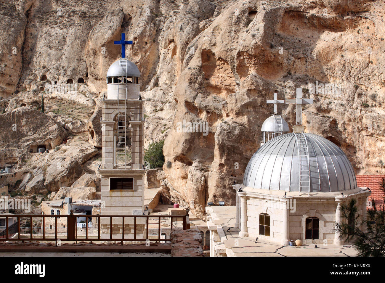 Towers and rocks in convent Takla in Maalula near Damascus, Syria Stock ...