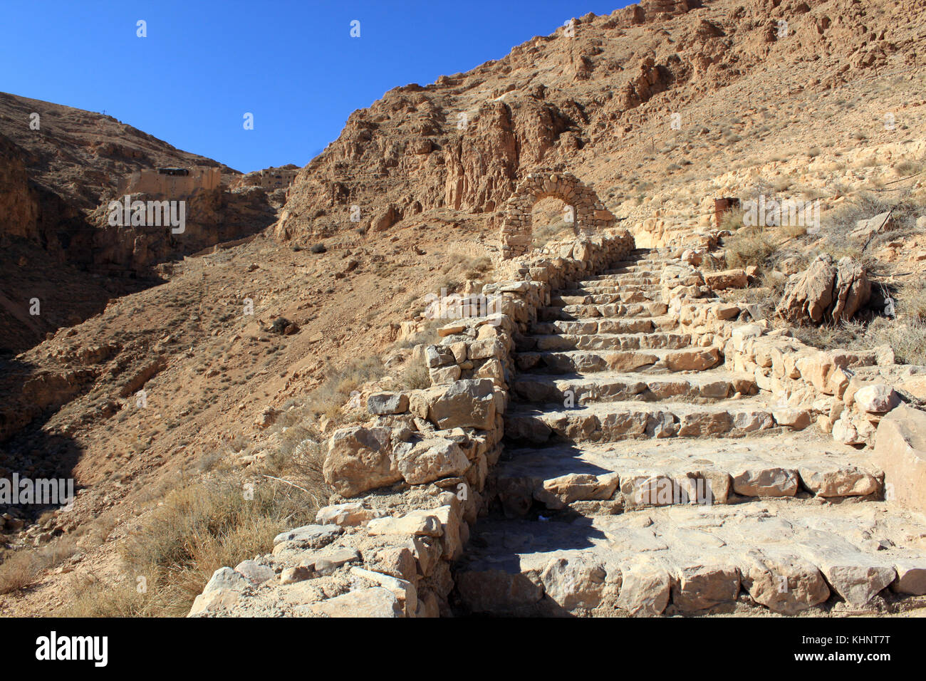 Long stone staircase up to the top of mount to monastery Mar Musa ...