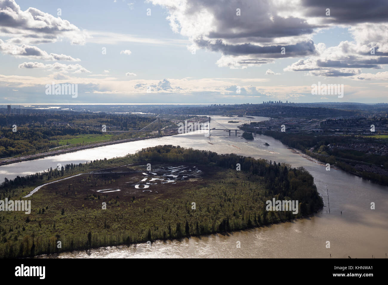 Aerial view of Douglas Island and Port Mann Bridge in Vancouver, BC ...