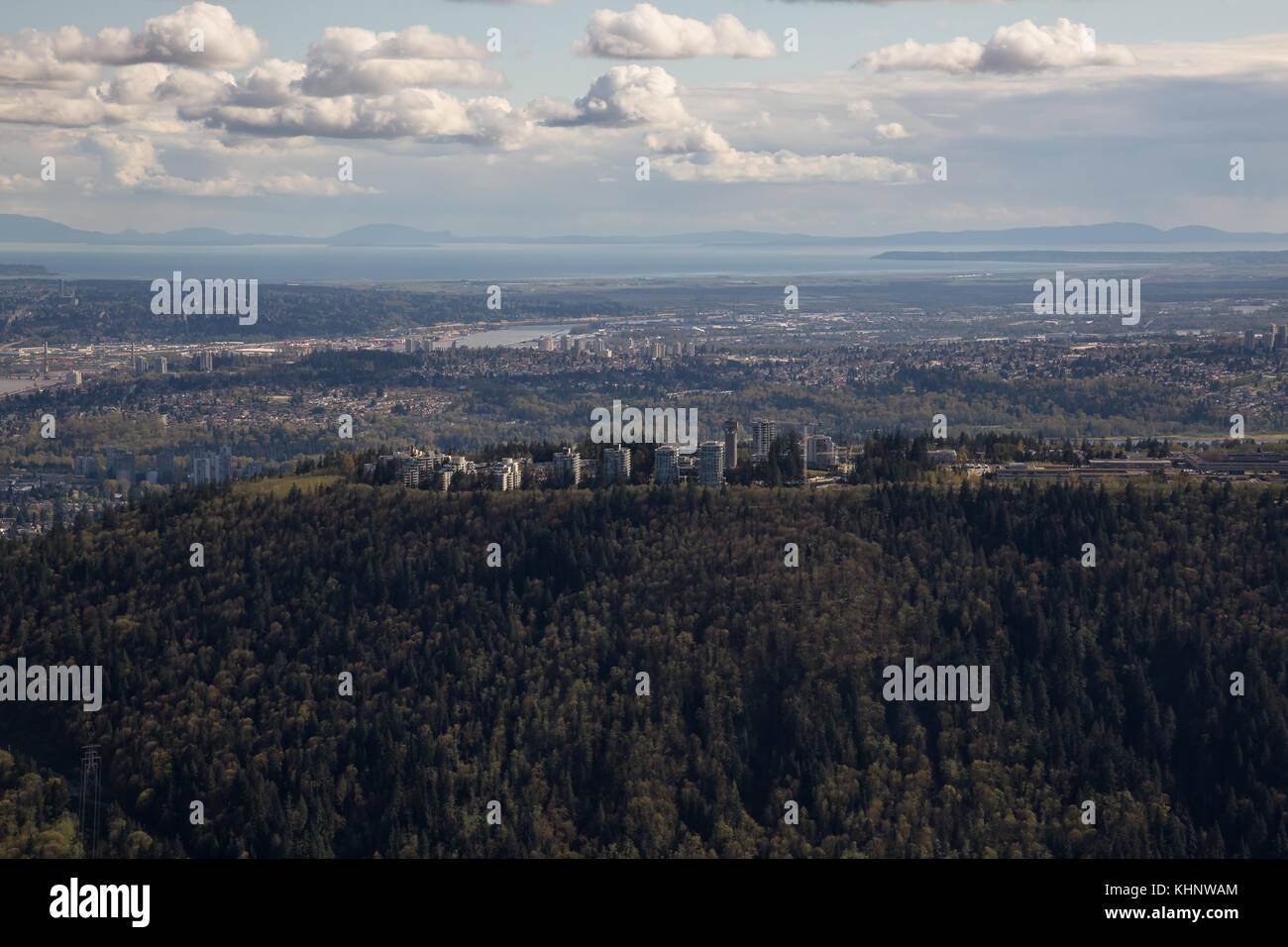 Aerial view of Burnaby Mountain with Vancouver City in the Background ...