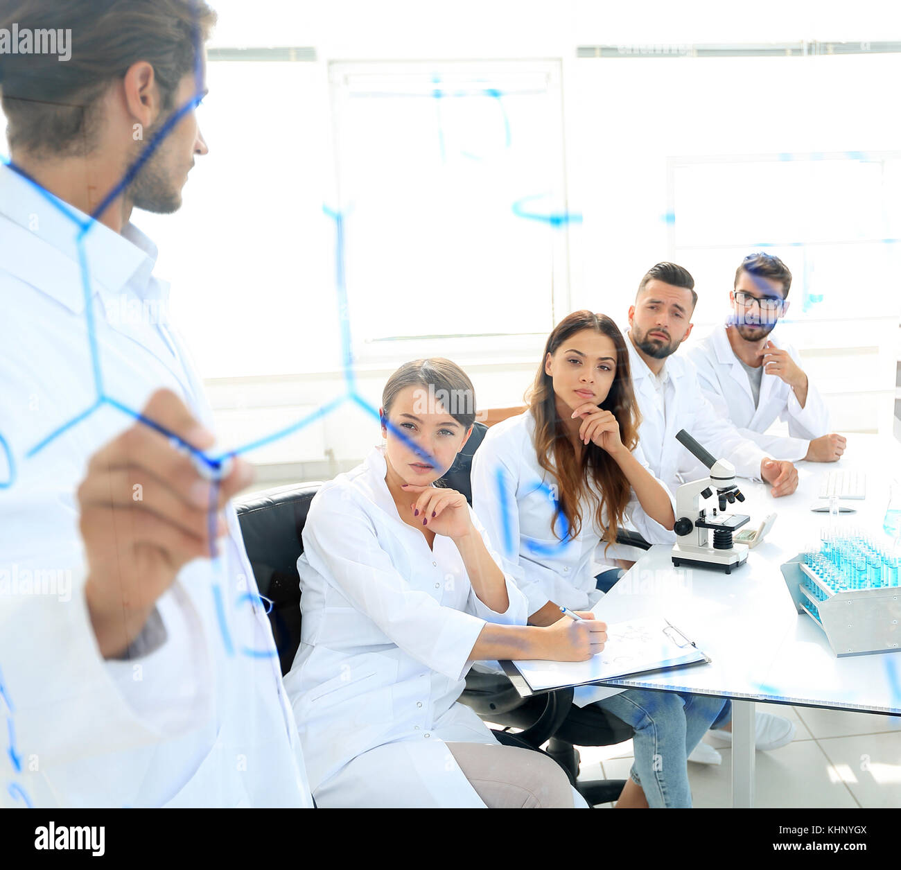 view through the transparent Board. a scientist makes a report Stock ...