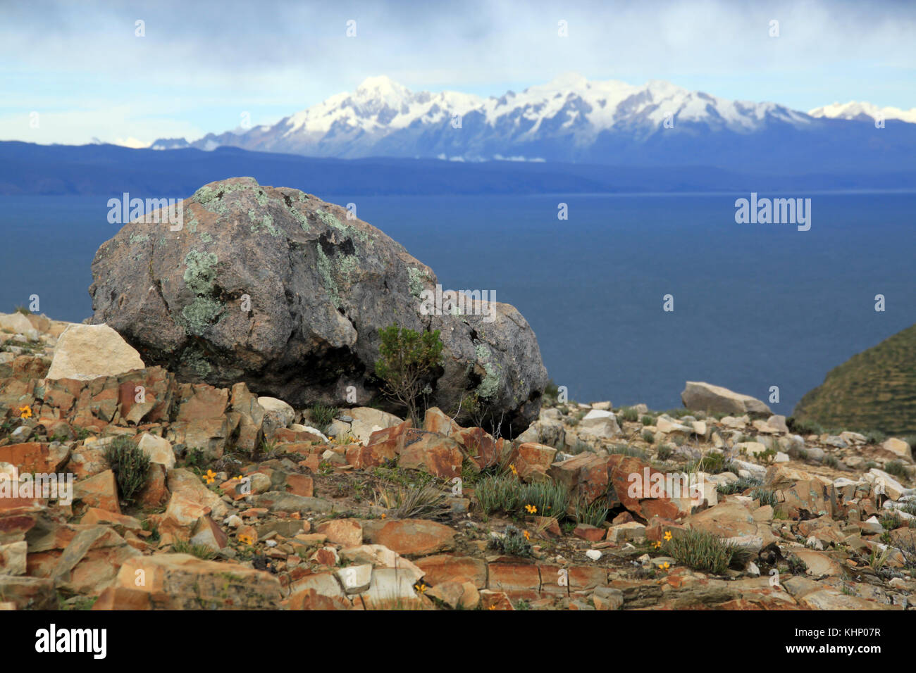 Boulder and stones on the island Isla del Sol on lake Titicaca, Bolivia ...