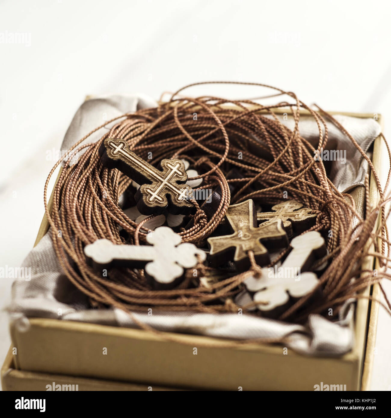 Close up of wooden crosses in the gift box Stock Photo - Alamy