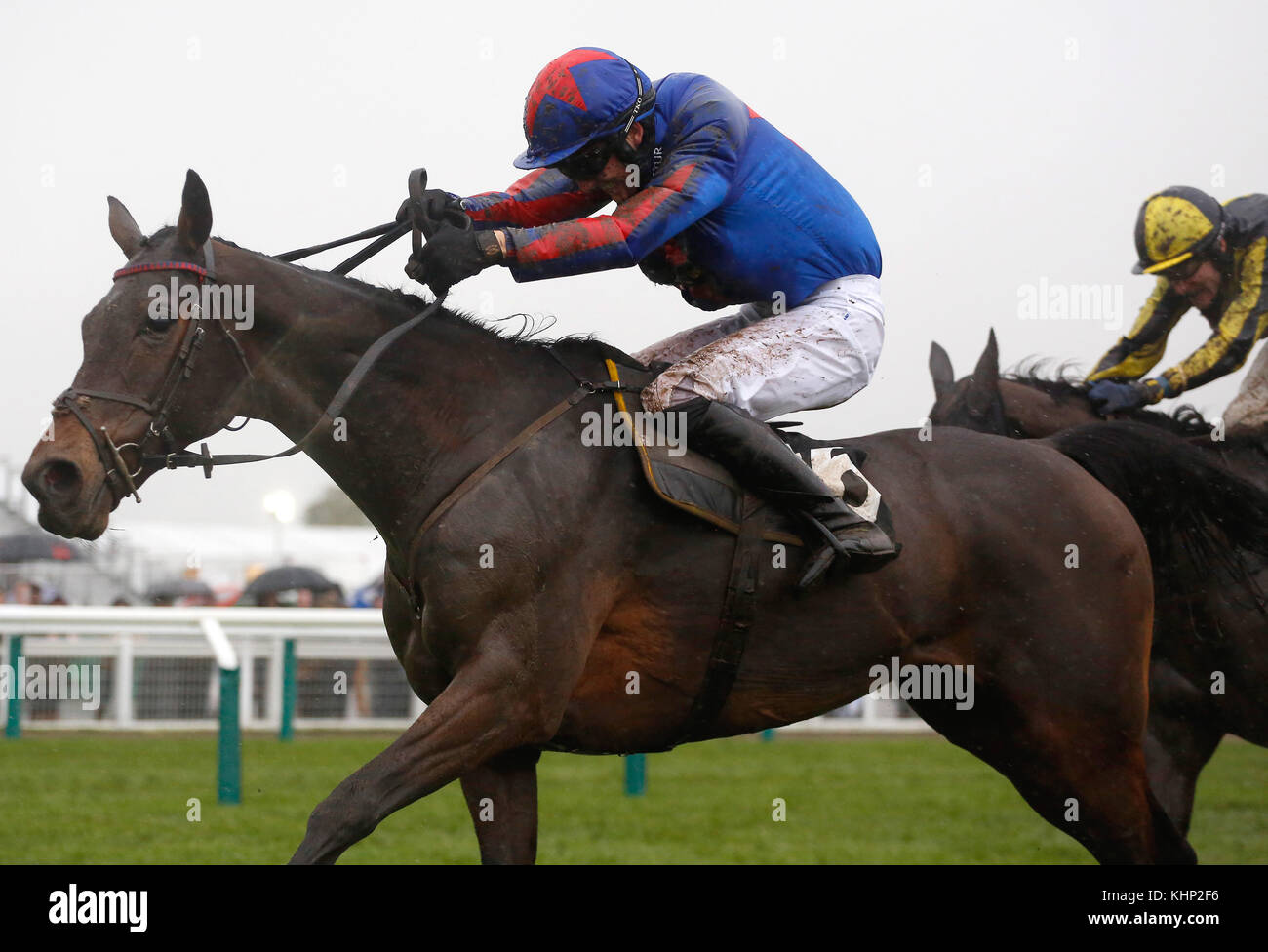Splash Of Ginge and Tom Bellamy lead the field over the last fence ...
