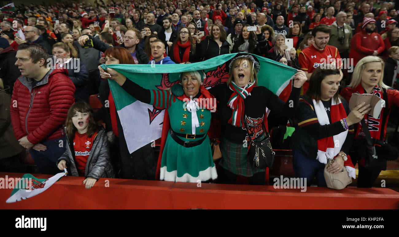 Wales fans sing the national anthem during the Autumn International at ...