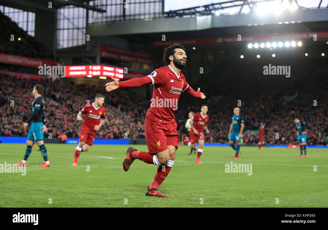 Liverpool's Mohamed Salah celebrates scoring his side's second goal of ...