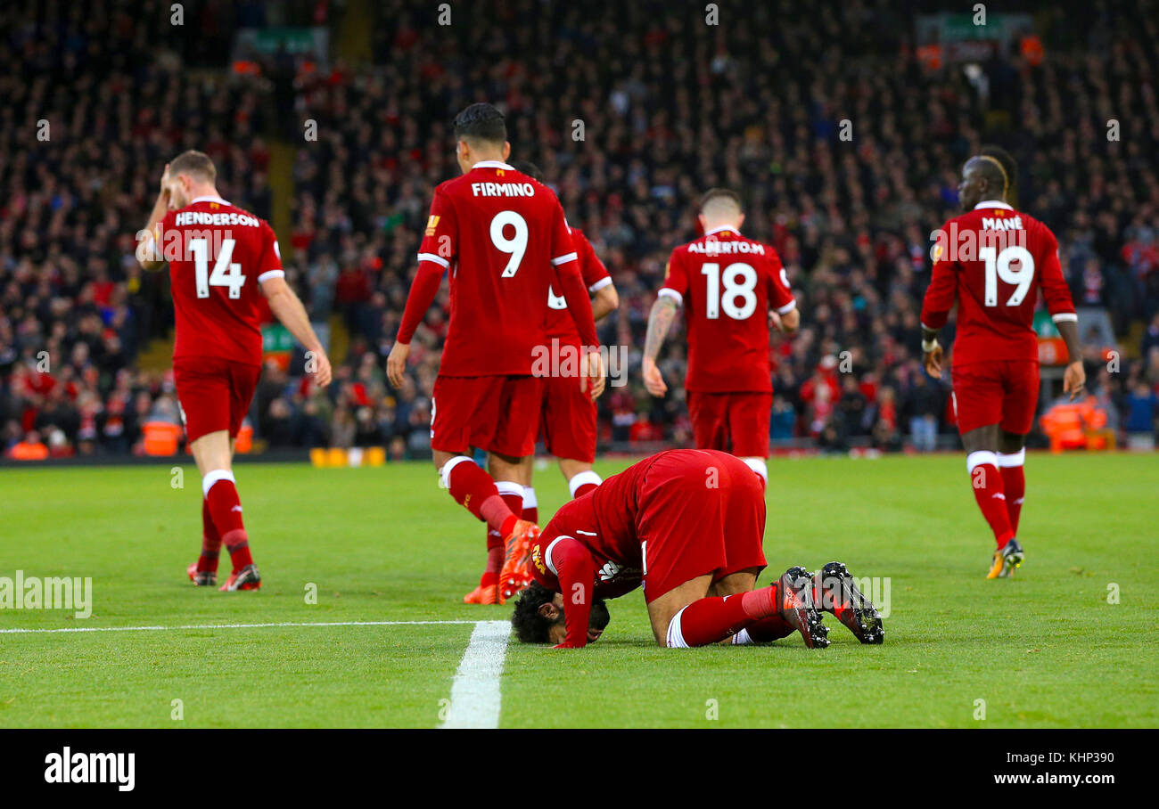 Liverpool's Mohamed Salah celebrates scoring his side's second goal of ...