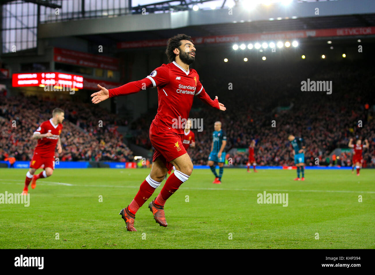Liverpool's Mohamed Salah celebrates scoring his side's second goal of ...