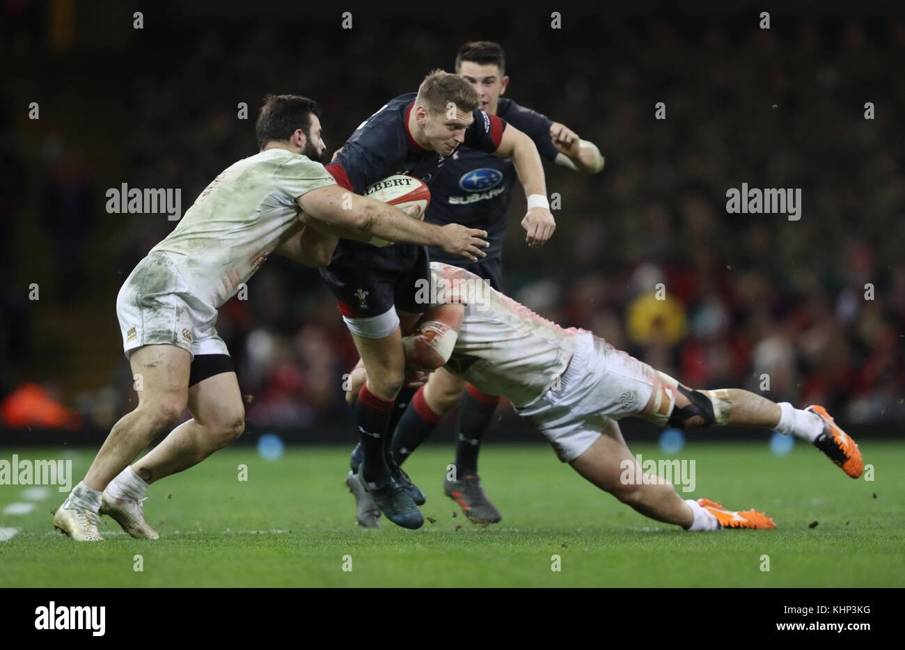 Wales Dan Biggar is tackled by Georgia's Merab Sharikadze and David ...