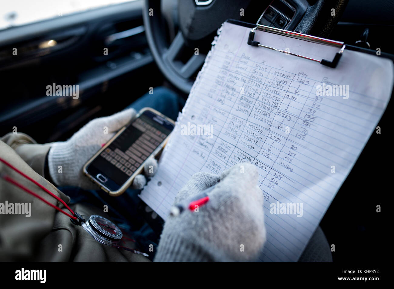 Coyote (Canis latrans) biologist, Steven Plesh, notes down frequencies ...