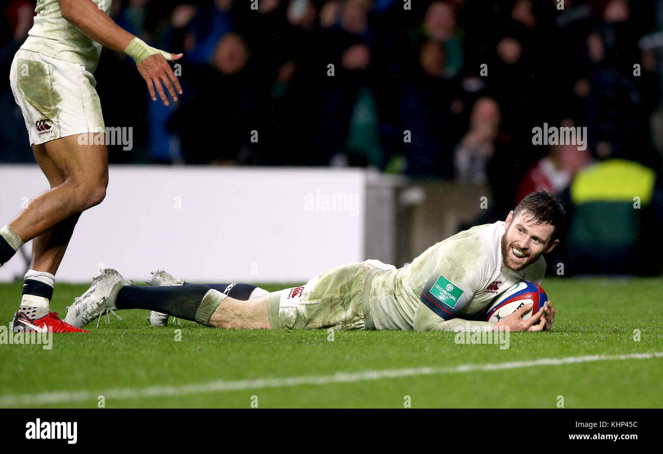 England's Elliot Daly scores his team's opening try during the Autumn ...