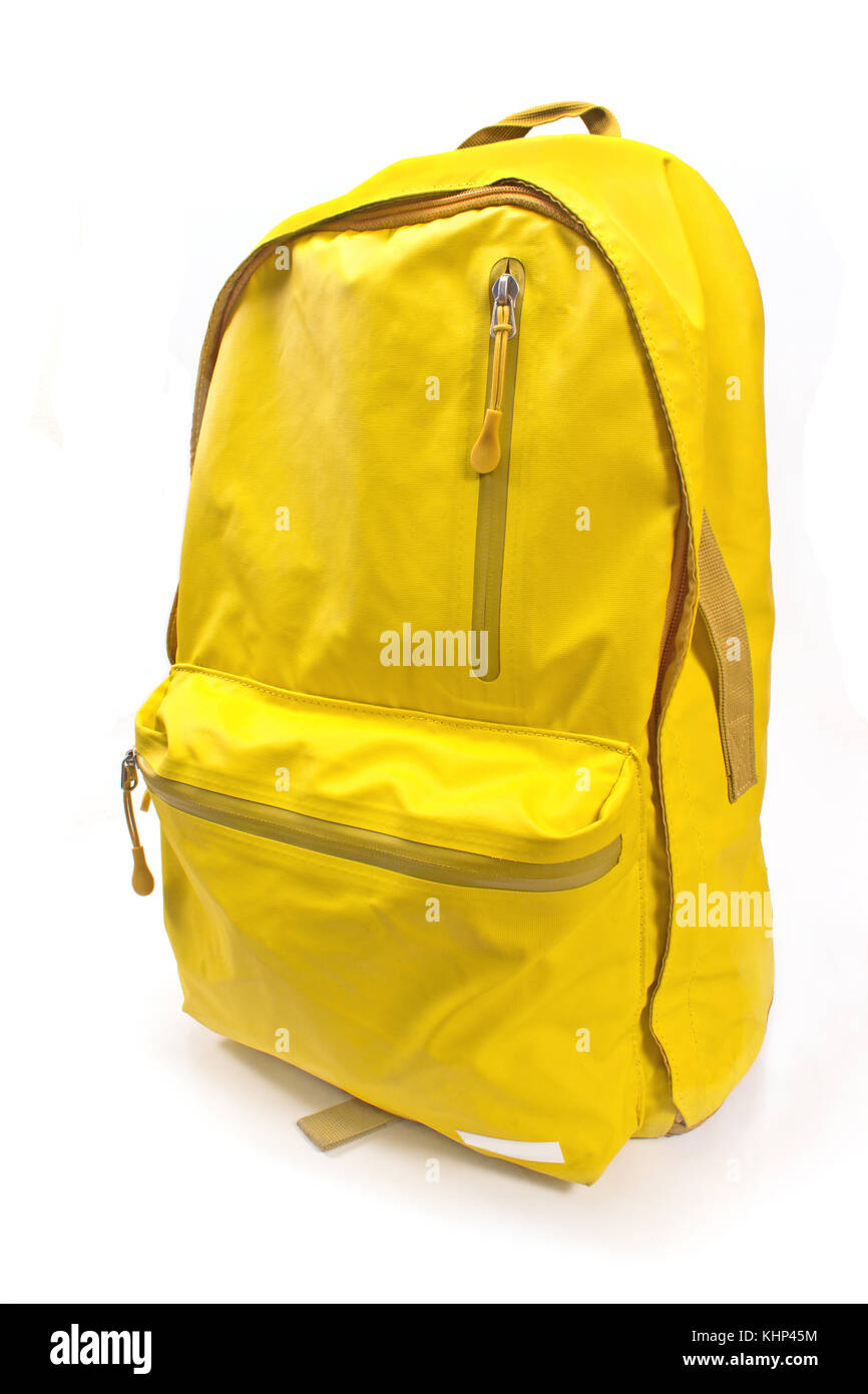 Backpack yellow isolated on white background Stock Photo - Alamy