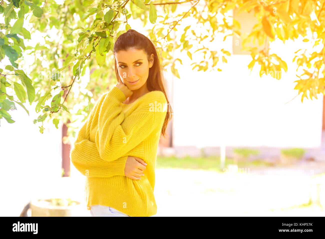 Portrait of a beautiful woman standing under a tree during a warm ...