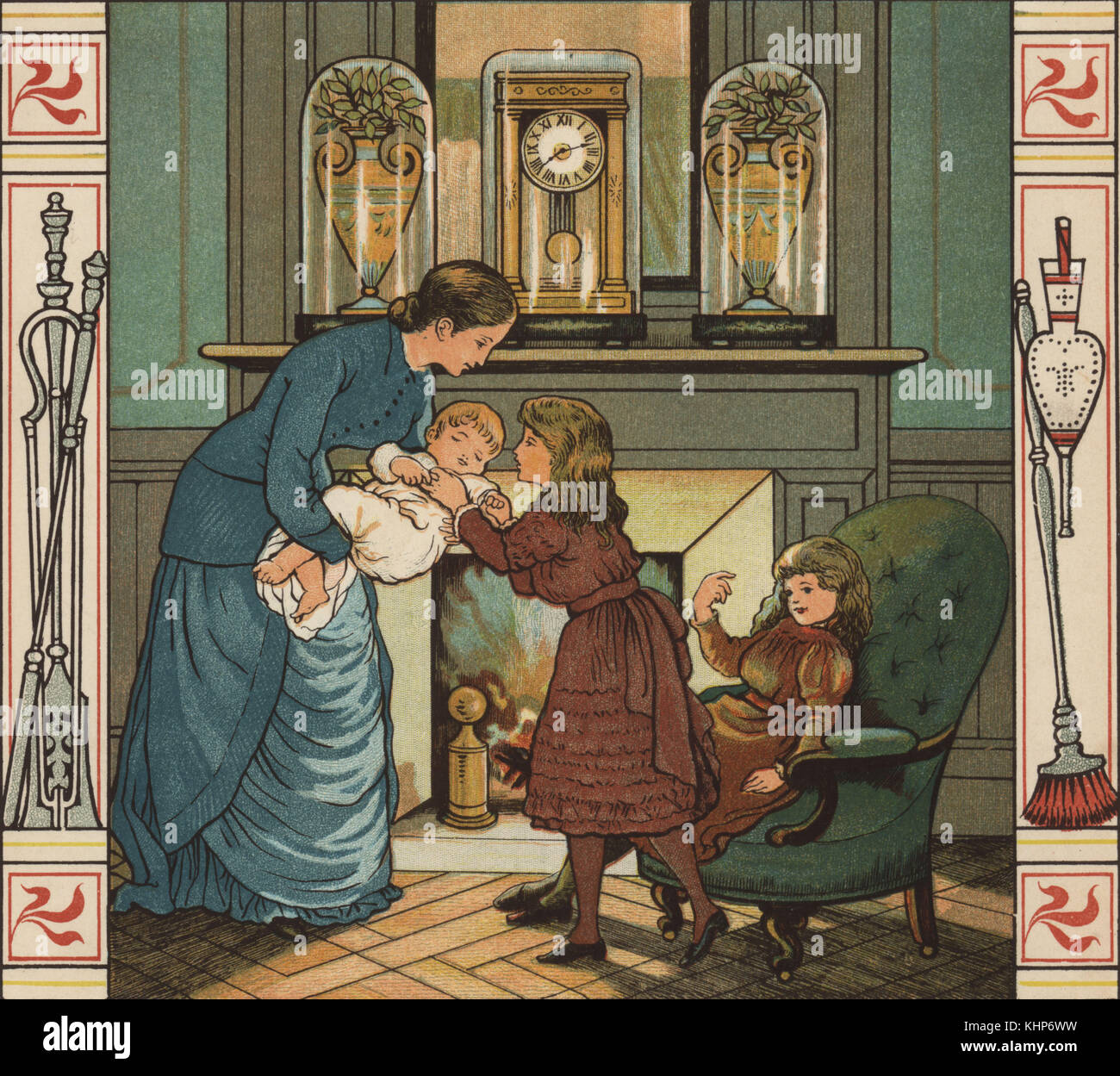 Victorian family in front of the fire in the parlour of a Rouen hotel ...