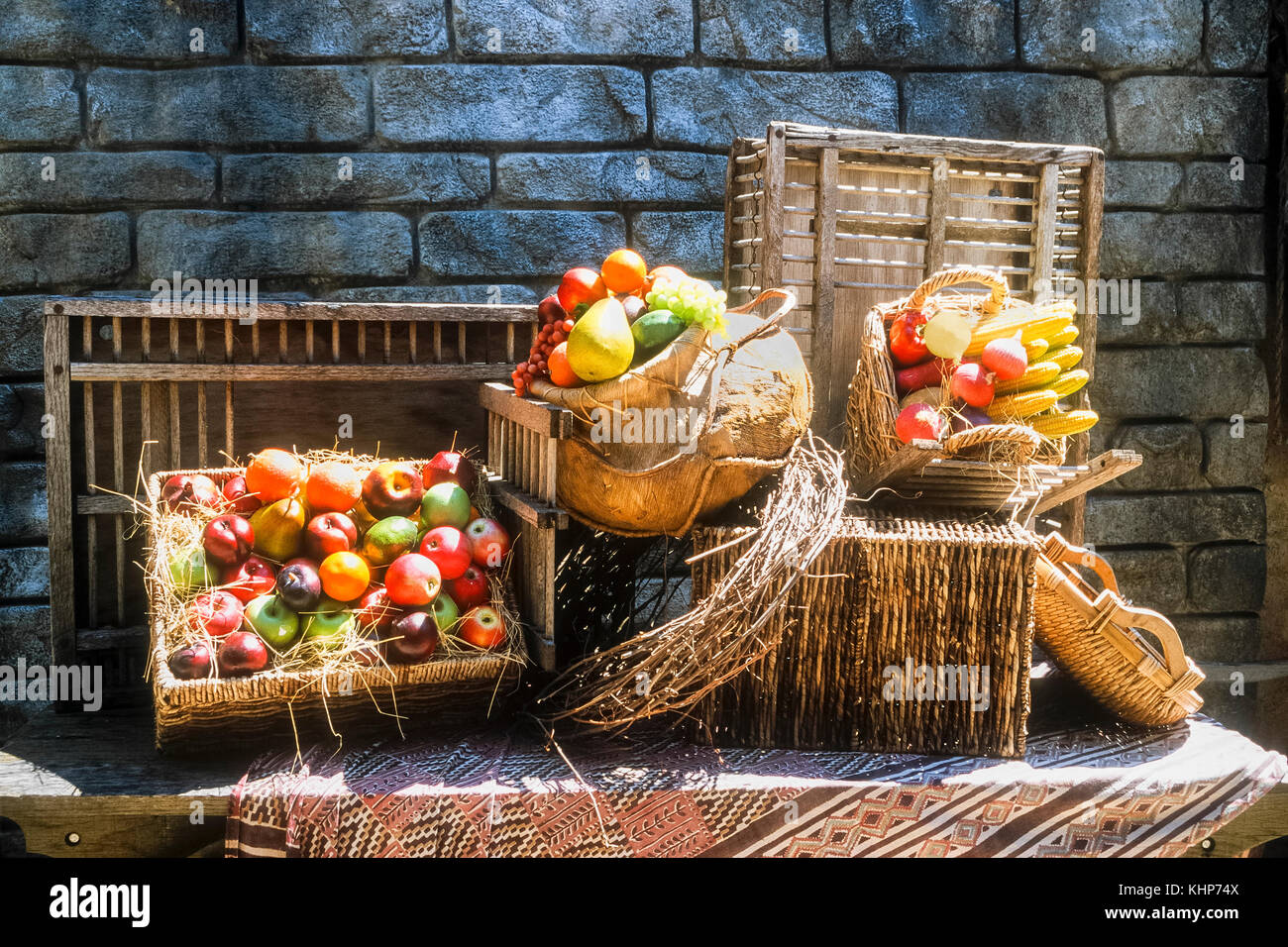 Baskets of fruit on display at street market Stock Photo - Alamy
