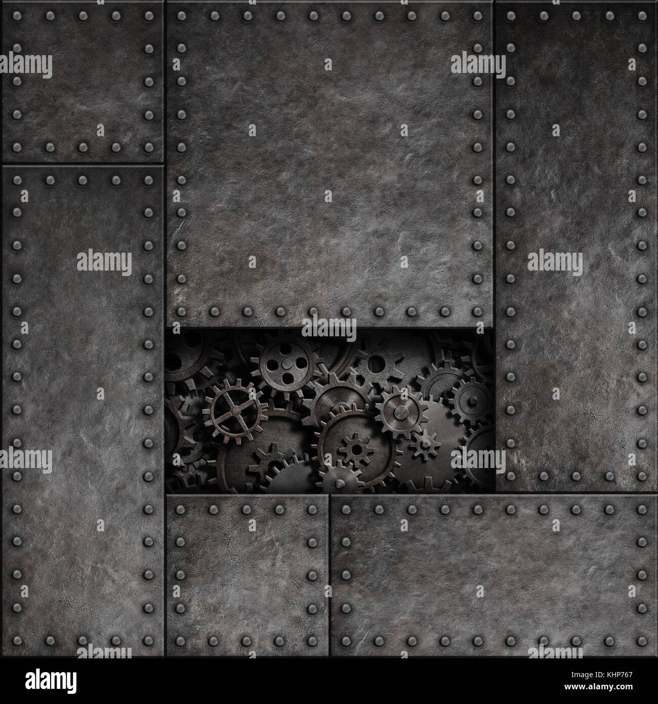 Old metal with cogs and gears behind. Steam punk technology 3d ...
