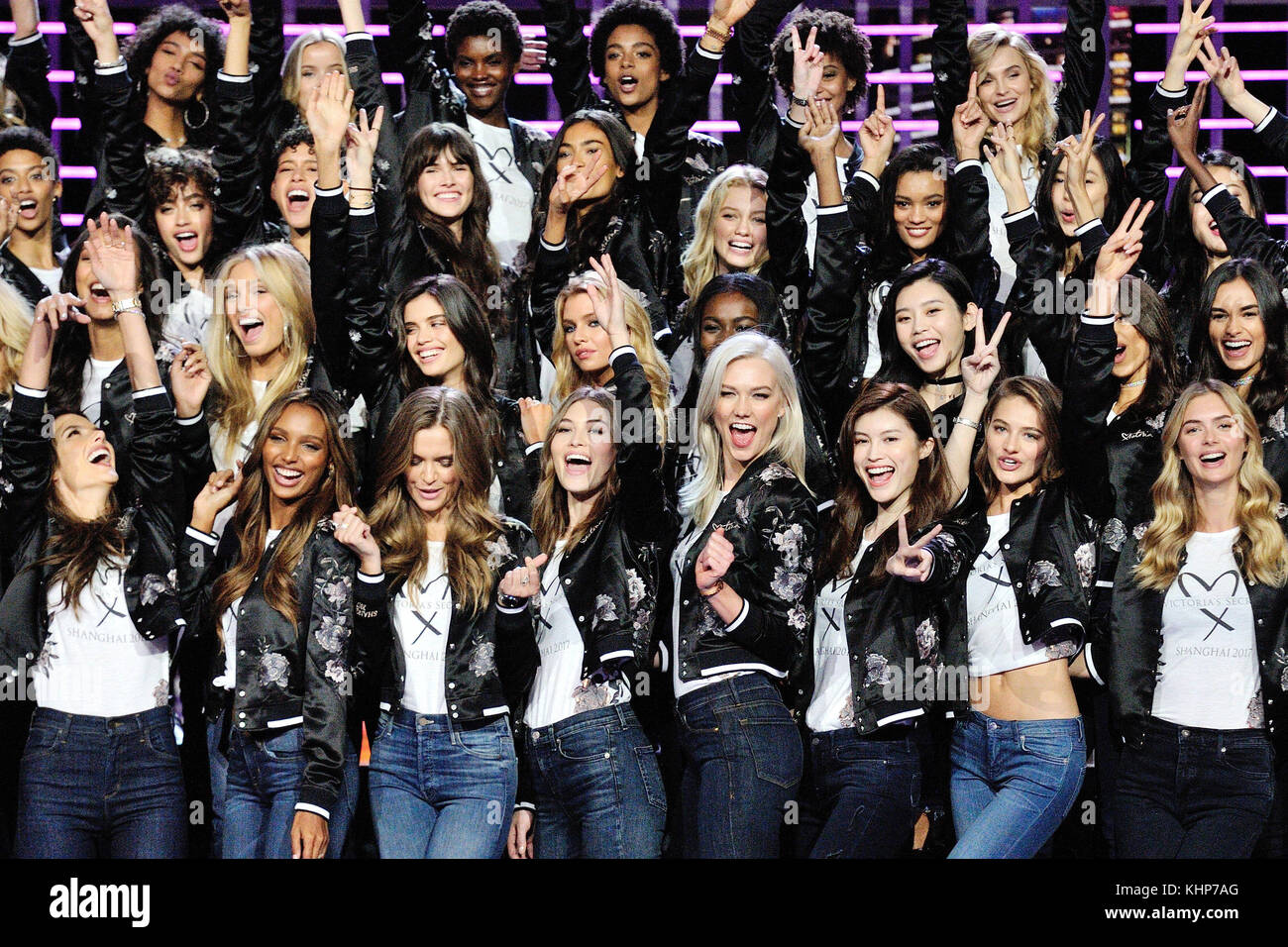 Models pose for a group shot ahead of the Victoria's Secret Fashion ...