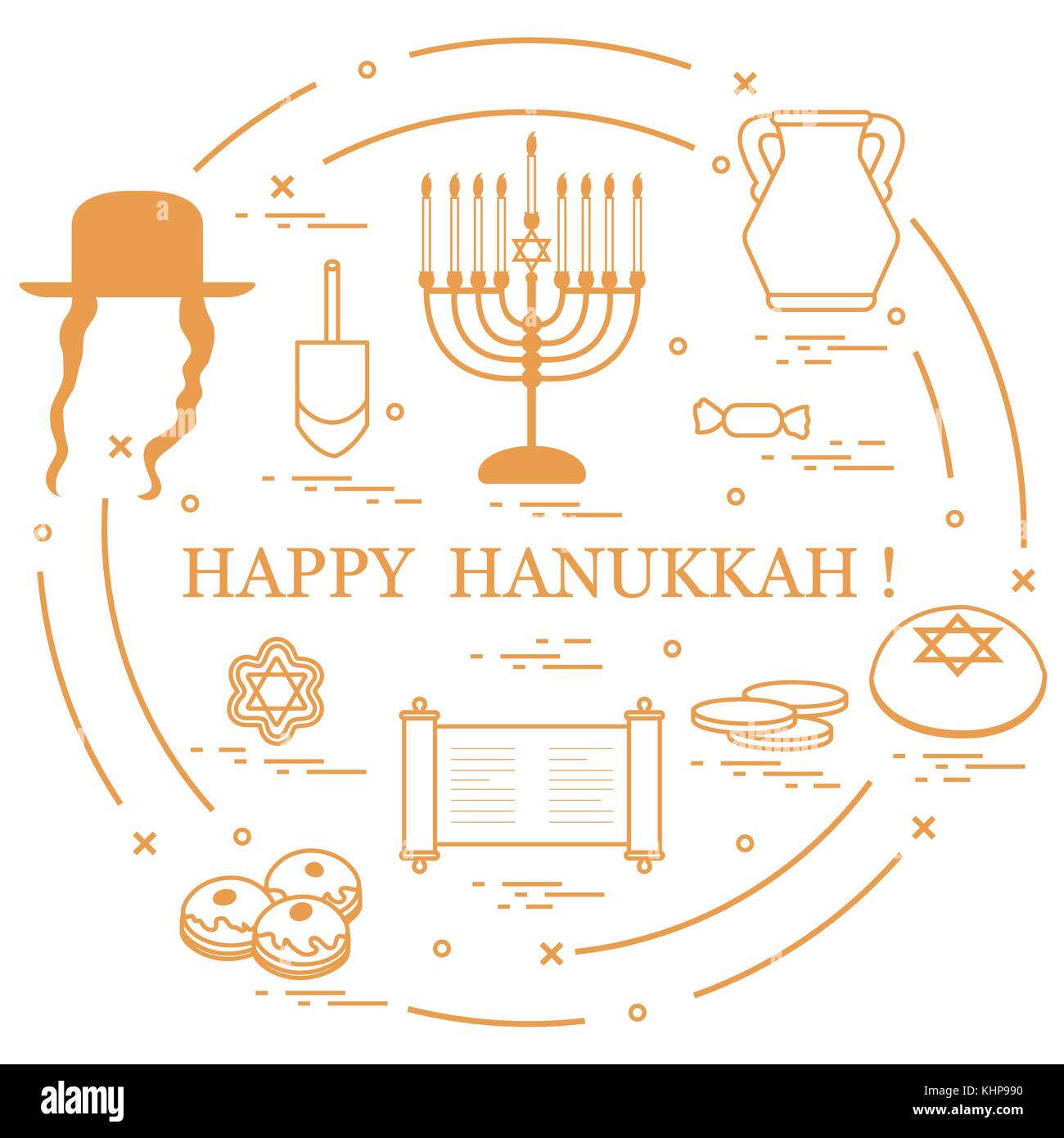 Vector illustration: Jewish holiday Hanukkah: dreidel, sivivon, menorah ...