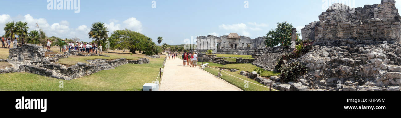 Panorama of ruins and tourists in Tulum, Mexico Stock Photo - Alamy