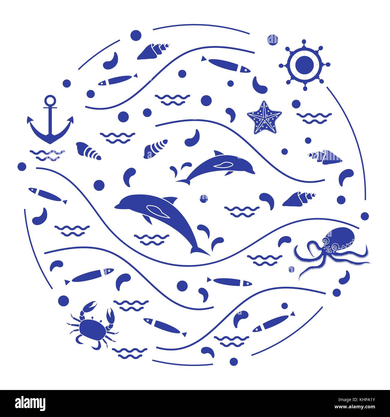 Cute vector illustration with dolphins, octopus, fish, anchor, helm ...