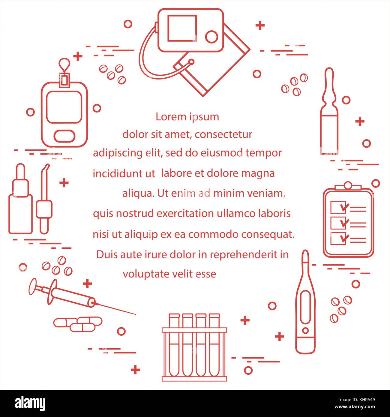Medical devices, tools and drugs arranged in a circle. Health and ...
