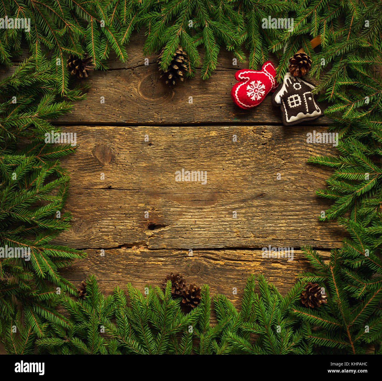 Christmas border with fir tree branches, cones and christmas ...