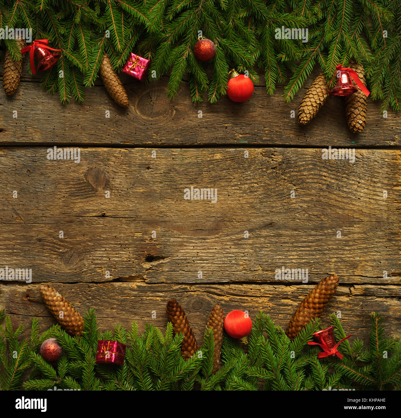 Christmas border with fir tree branches, cones and christmas ...