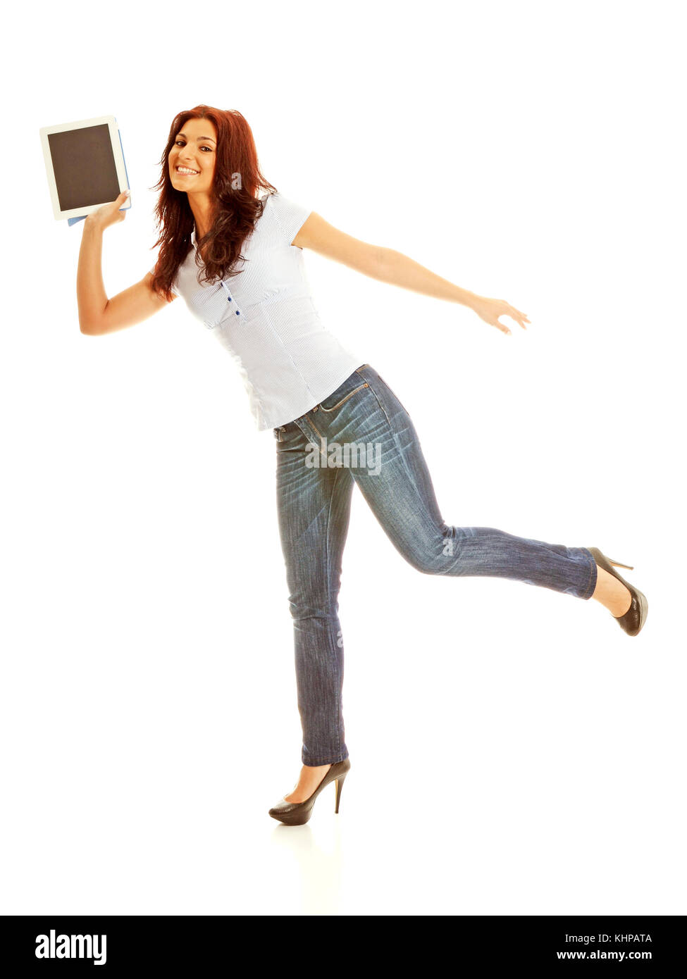 Happy woman tablet on Cut Out Stock Images & Pictures - Alamy