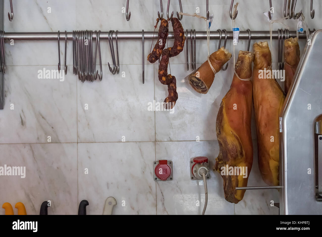 Wall of sausages in butcher Stock Photo - Alamy