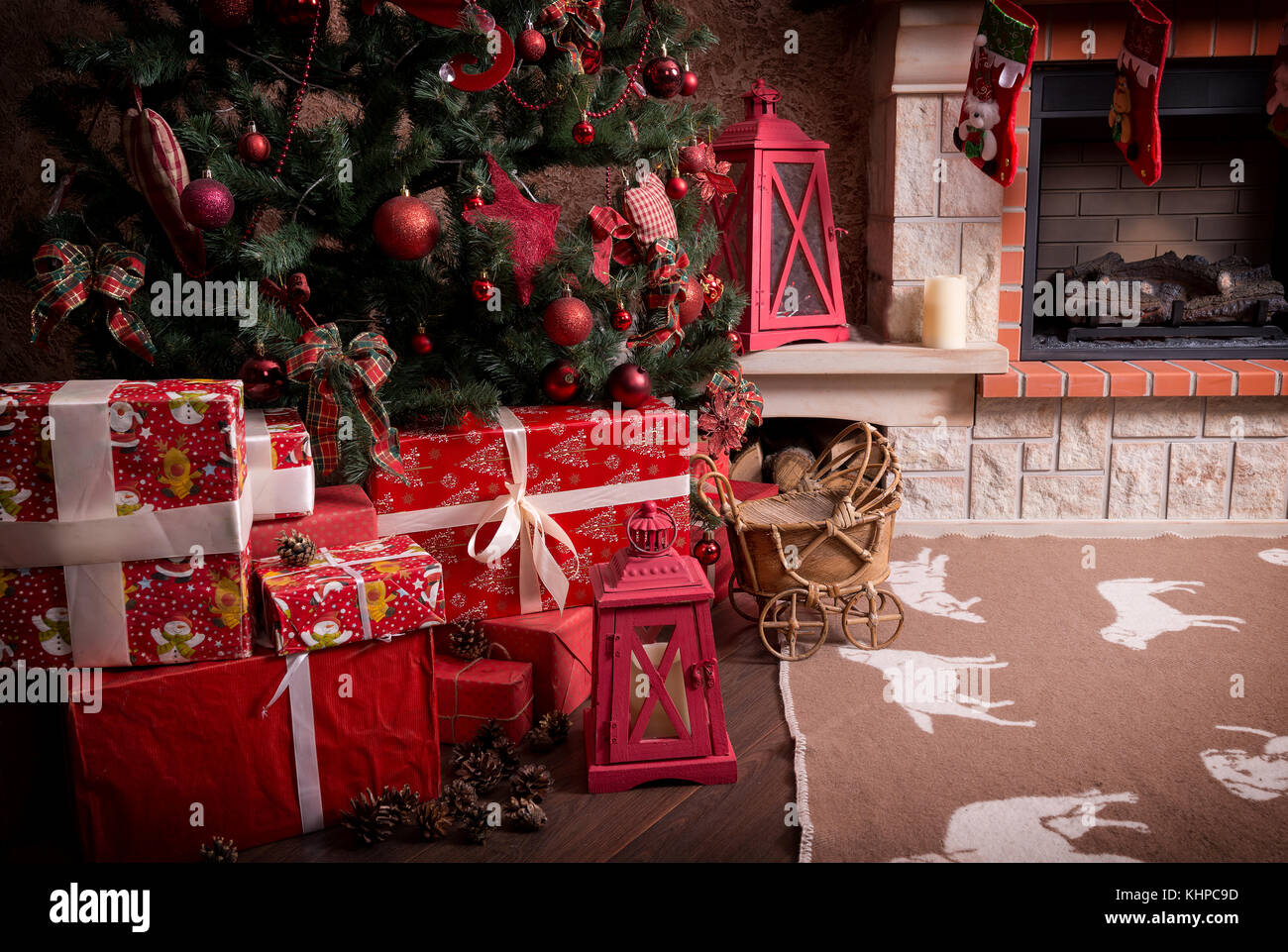 Many boxes with Christmas presents under the Christmas tree Stock Photo ...