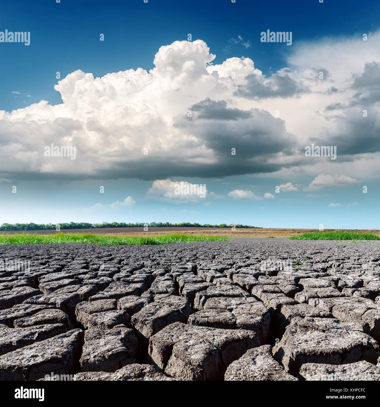 drought land closeup and low clouds in blue sky Stock Photo - Alamy