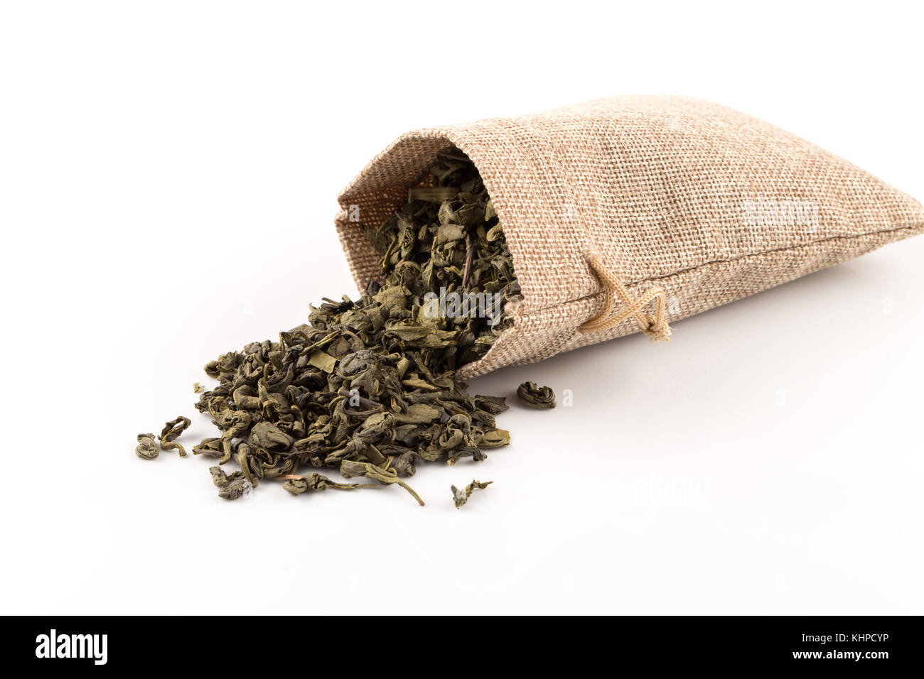 Gunpowder green tea in hessian sack closeup photo for background Stock ...