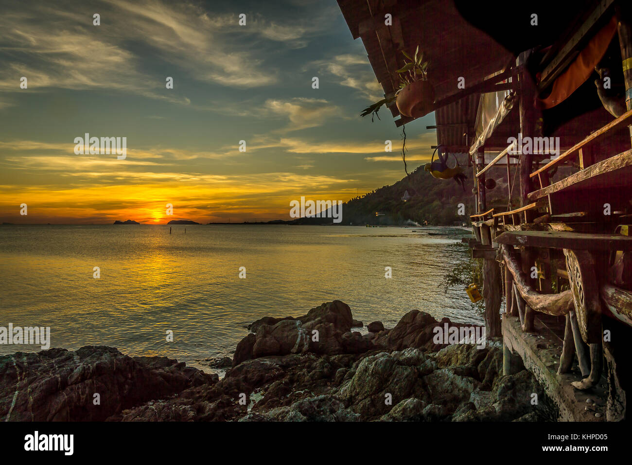 HDR-Photo of the sunset and a waterfront hippie bar in Thailand, Esco ...