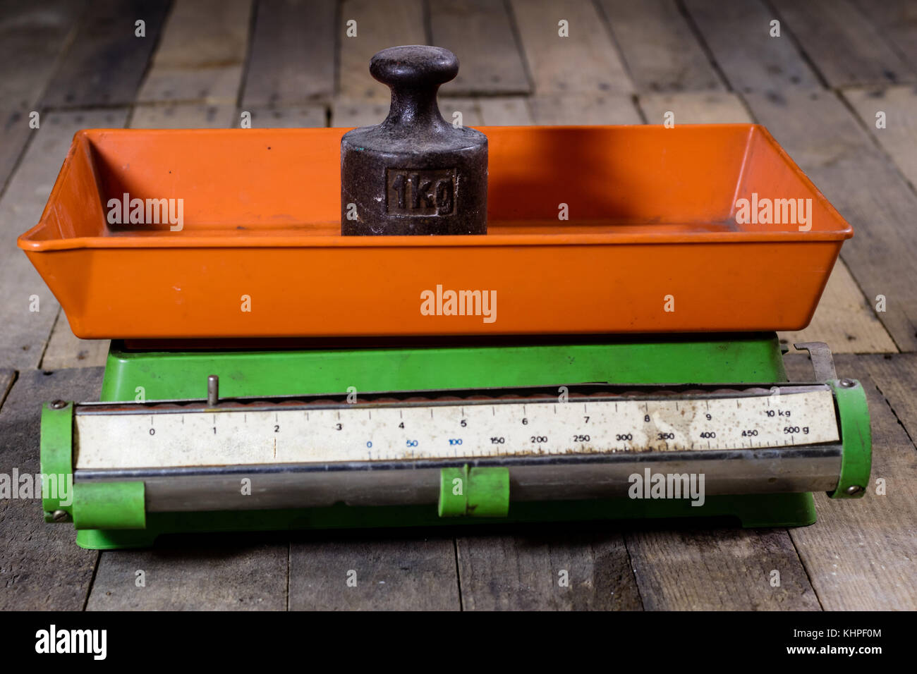 Old weight and weights on a wooden table. Old used kitchen scale with ...