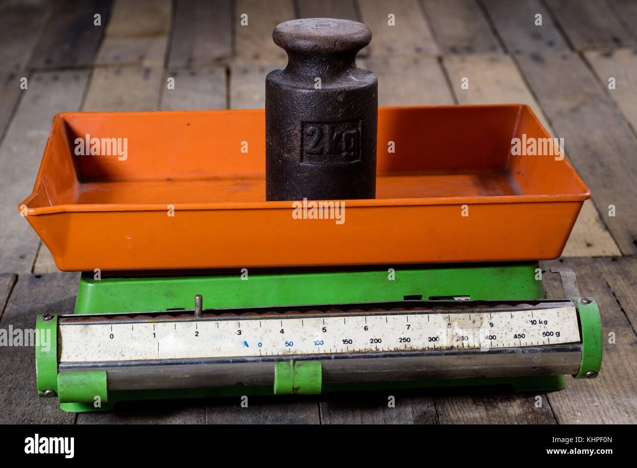 Old weight and weights on a wooden table. Old used kitchen scale with ...